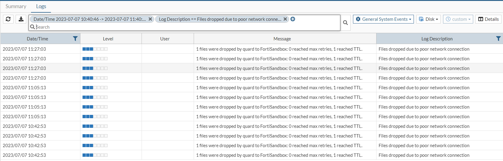 Updated System Events log page | FortiProxy 7.4.0